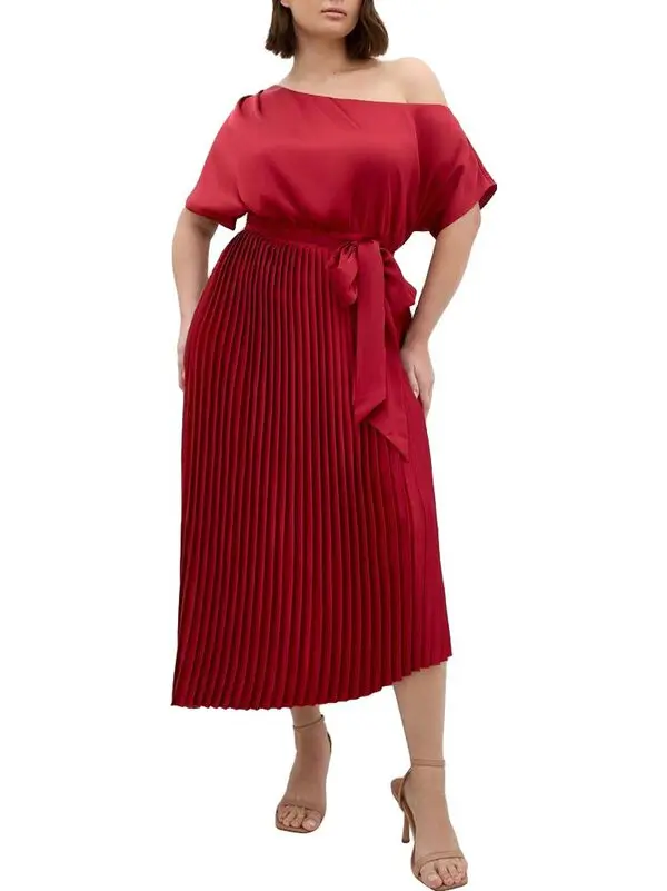City Chic Payton Pleated One-shoulder Maxi Dress - Currant