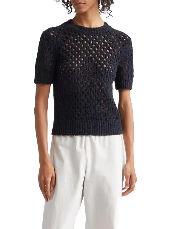 Vince Boxy Honeycomb Knit Short Sleeve Sweater - Black