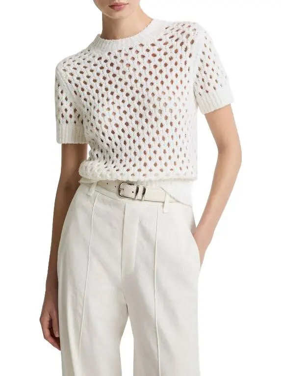 Vince Boxy Honeycomb Knit Short Sleeve Sweater - Optic White
