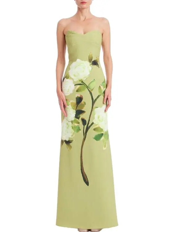 Badgley Mischka Floral Strapless Sheath Gown - Lime Multi