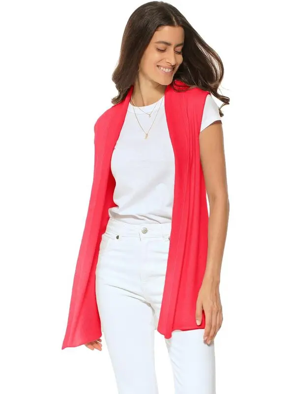 MONTICELLI CASHMERE Cashmere Sleeveless Long Open Front Cardigan - Coral Red