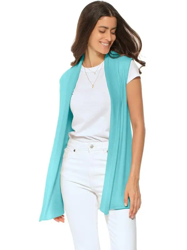 MONTICELLI CASHMERE Cashmere Sleeveless Long Open Front Cardigan - Cyan