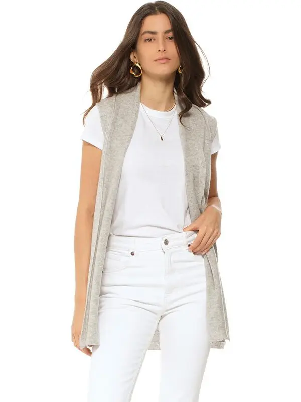 MONTICELLI CASHMERE Cashmere Sleeveless Long Open Front Cardigan - Light Grey