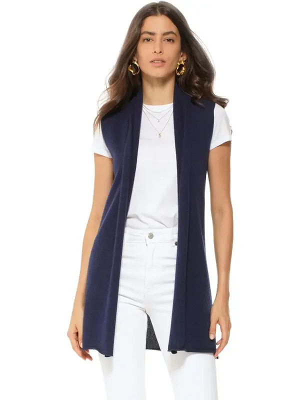 MONTICELLI CASHMERE Cashmere Sleeveless Long Open Front Cardigan - Melange Blue