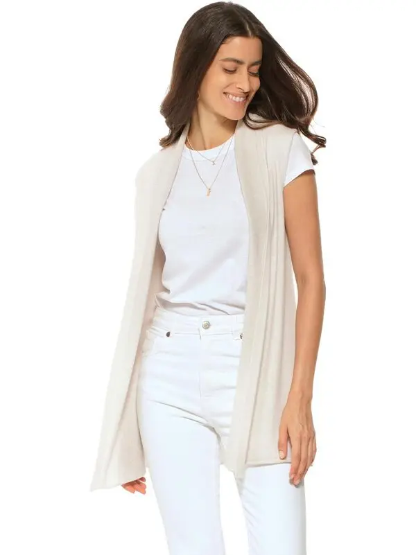 MONTICELLI CASHMERE Cashmere Sleeveless Long Open Front Cardigan - Off White