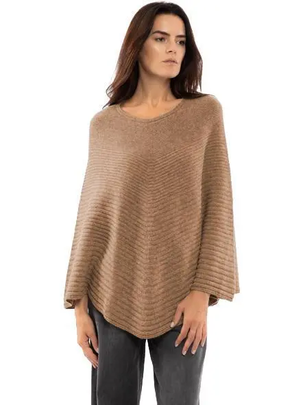 MONTICELLI CASHMERE Cashmere Ribbed Knit Poncho - Camel