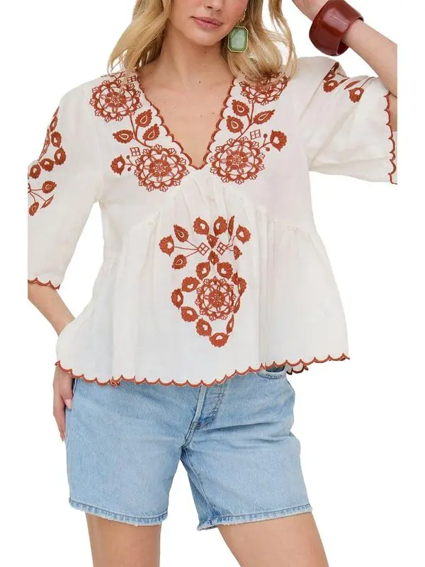 RAFFYA Embroidered V-neck Blouse - Cream