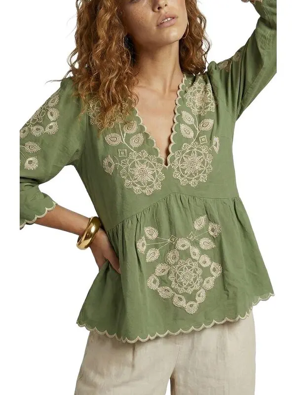 RAFFYA Aubrey V-neck Embroidered Blouse - Light Green