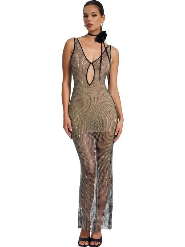 MISS CIRCLE Quiana Mesh Rhinestone Maxi Dress - Metallic Gold