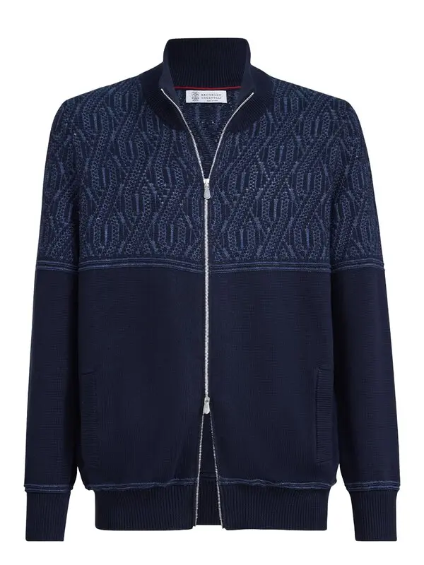 Brunello Cucinelli Cotton Geometric Jacquard Cardigan - Blue