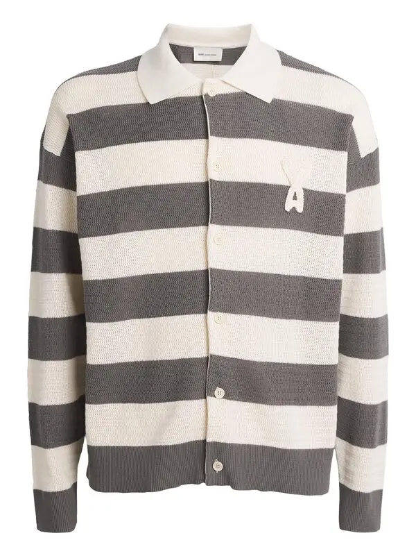 Ami Cotton Stripe Logo Cardigan - White