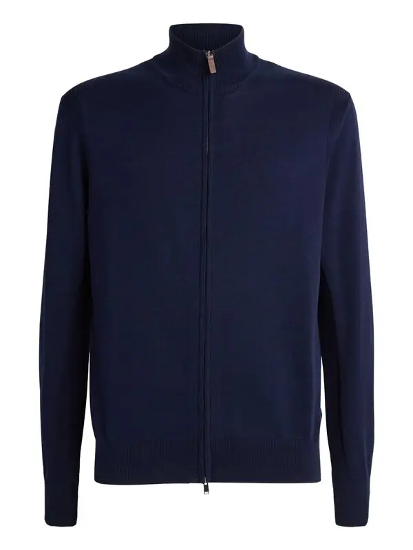 Eton Cotton Zip Up Cardigan - Blue