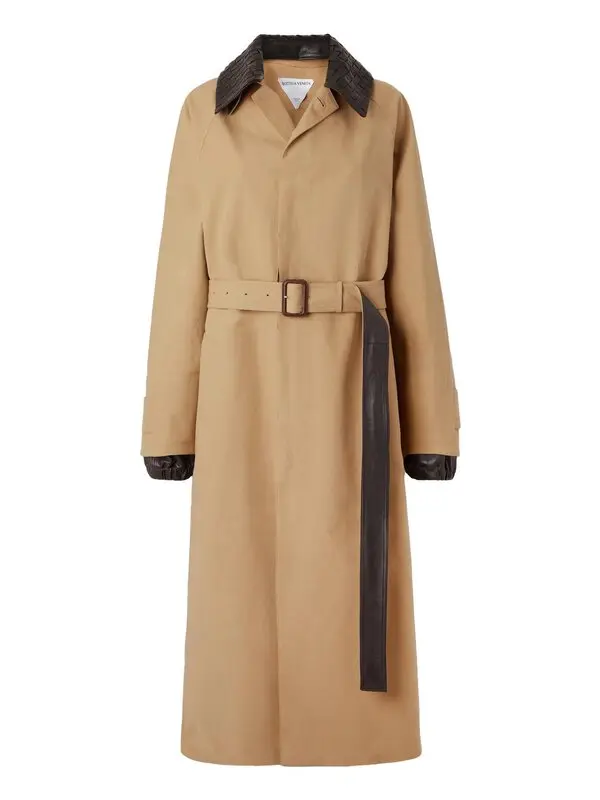 Bottega Veneta Belted Leather-trimmed Cotton-garbardine Trench Coat - Neutrals