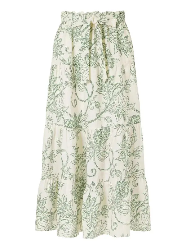 LEMLEM Sanaa Tiered Printed Linen Midi Skirt - Green