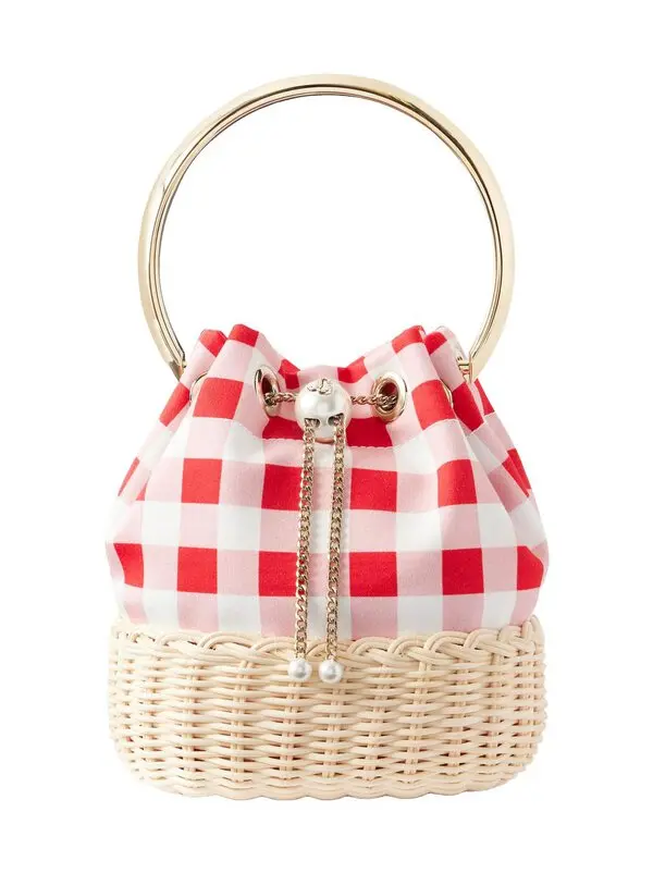JIMMY CHOO Bon Bon Embellished Woven Raffia Bucket Bag - Red