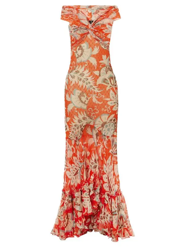 Etro Printed Ruffled Midi Dress - Orange