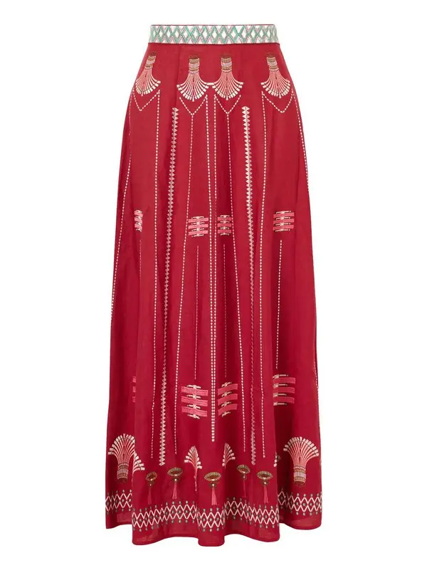 EMPORIO SIRENUSE Embroidered Linen And Cotton-blend Maxi Skirt - Red