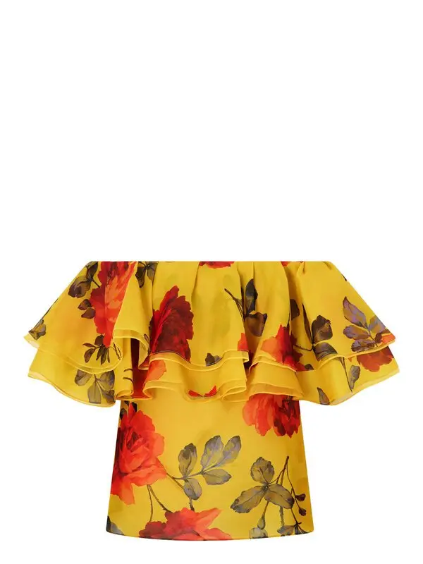 Carolina Herrera Off-the-shoulder Ruffled Floral-print Silk-organza Top - Yellow