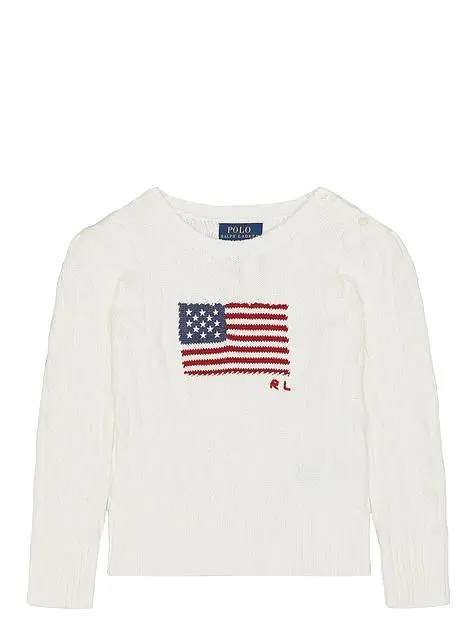 Polo Ralph Lauren Long Sleeve Cotton Cable Knit Flag Crewneck Sweater - Deckwash White Multi