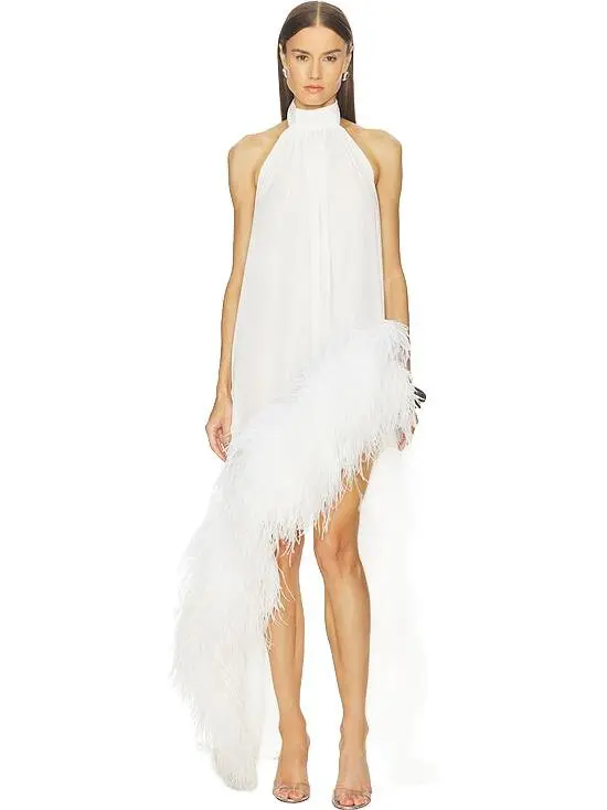 BRONX AND BRONCO Madeline Feather Trim Halterneck Gown - White