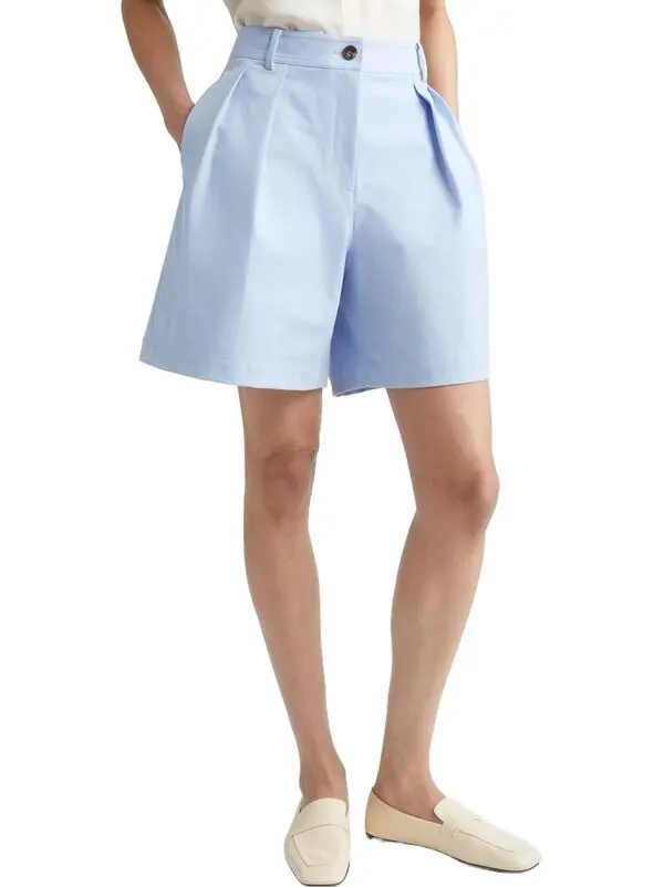 Lafayette 148 New York Park Pleated Techno Stretch Twill Wide Leg Shorts - Skyline Blue
