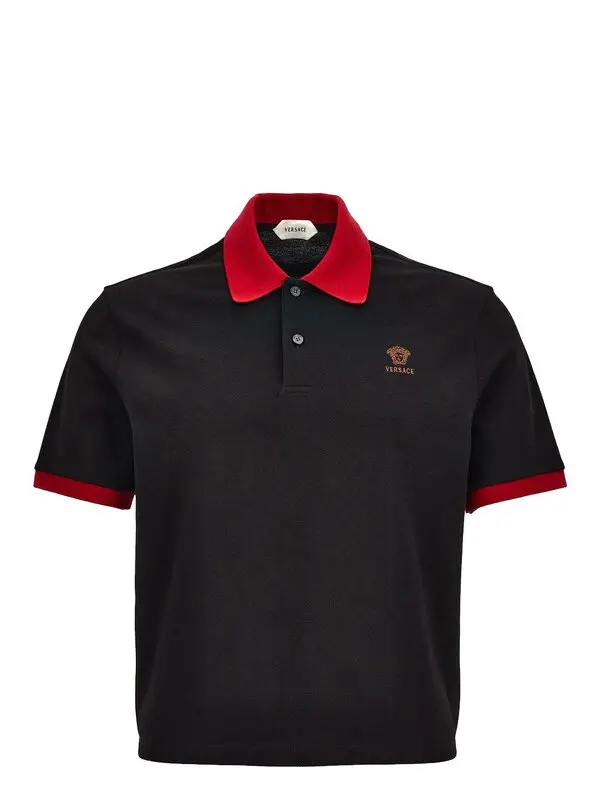 Versace Embroidered Medusa Cotton Piqué Polo - Black Lipstick Red