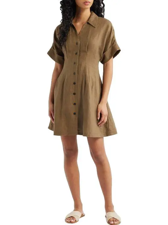 Madewell Pleated Linen Mini Shirtdress - Safari Khaki