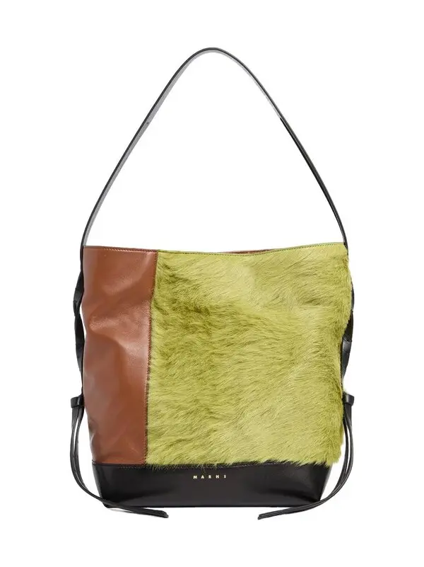 Marni Small Leather And Genuine Calf Hair Hobo Bag - Zp051 Citronelle/moca/black