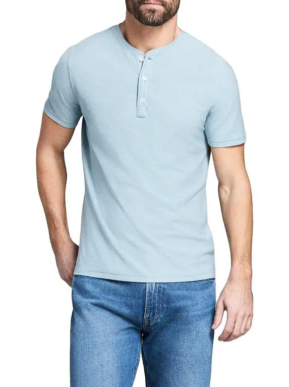 Billy Reid Bird's Eye Short Sleeve Henley - Steel Blue/tinted White