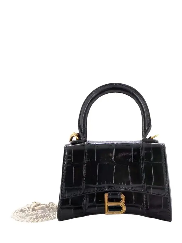 Balenciaga Hourglass Chain Top Handle Crocodile Embossed Bag - Black