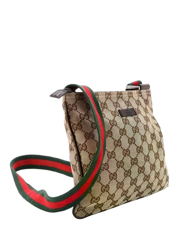 Gucci Web Strap Zip Messenger Bag Gg Canvas Small - Brown
