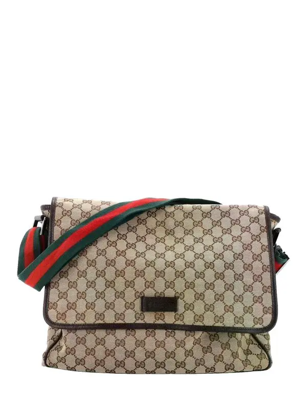 Gucci Web Strap Flap Messenger Gg Canvas Medium Crossbody Bag - Brown