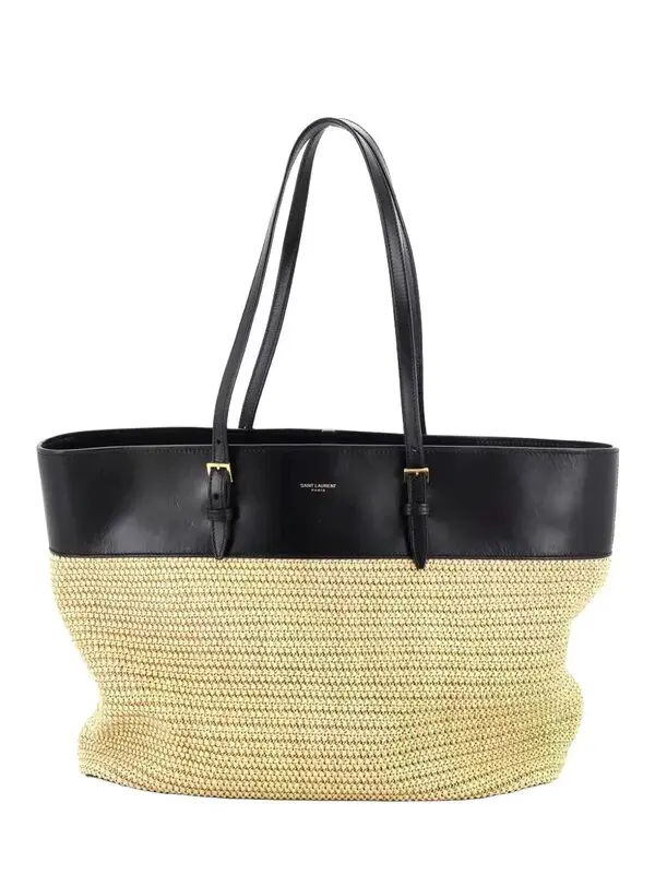 Saint Laurent Boucle E/w Shopping Raffia With Leather Medium Tote Bag - Black