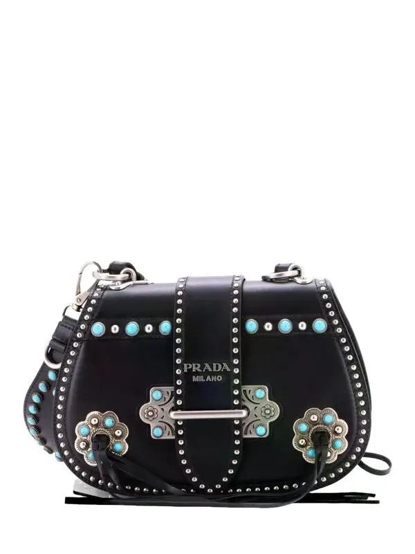 Prada Folk Saddle Embellished Leather Shoulder Bag - Black