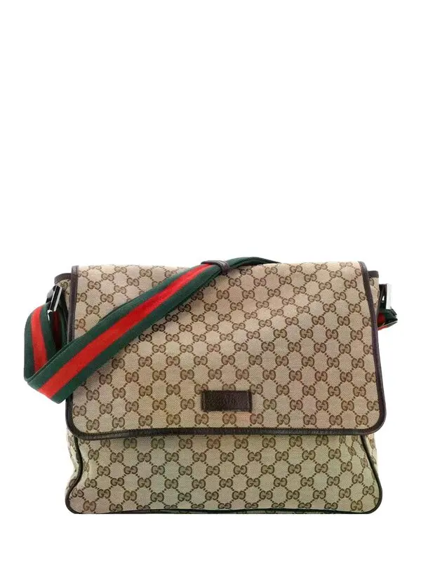 Gucci Web Strap Flap Messenger Gg Canvas Medium Crossbody Bag - Brown