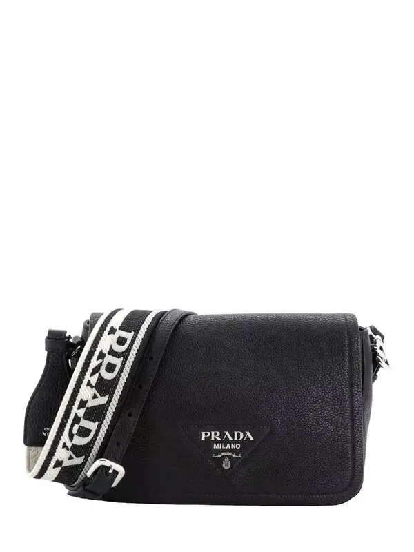 Prada Flou Flap Vitello Daino Small Shoulder Bag - Black