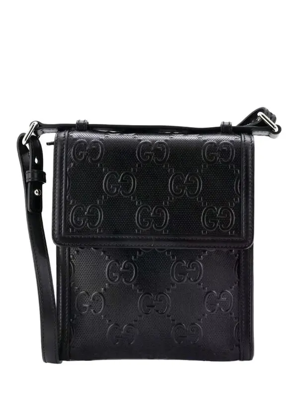Gucci Flap Gg Embossed Perforated Leather Small Crossbody Bag - Black