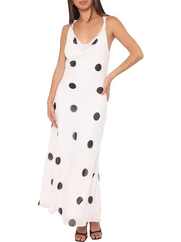 PETAL & PUP Collette Cowl Neck Maxi Dress - White Polka Dot