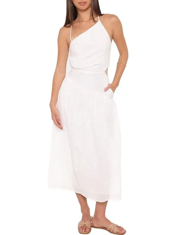 PETAL & PUP Olivea Asymmetric Cutout Cotton Blend Midi Sundress - White