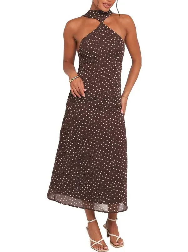 PETAL & PUP Elva Polka Dot Halter Midi Dress - Brown Polka Dot