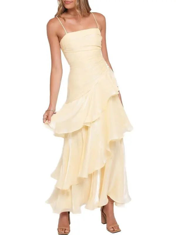 PETAL & PUP Rosalie Metallic Ruffle Maxi Dress - Butter Yellow