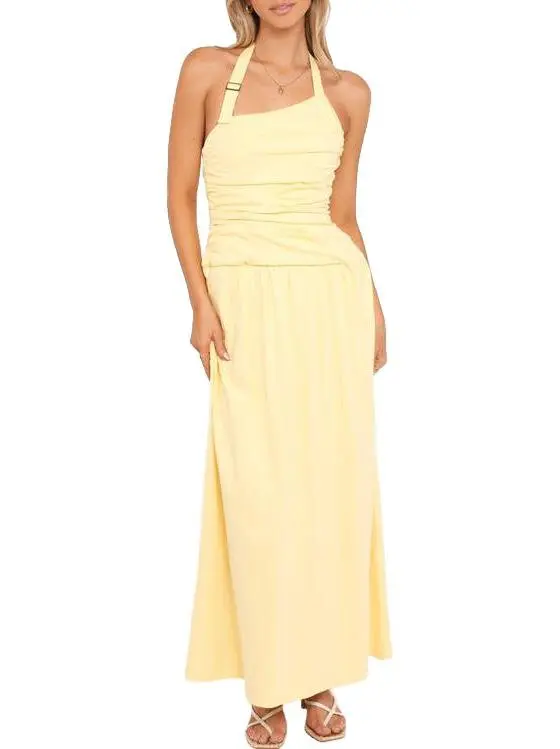 PETAL & PUP Emalia Asymmetric Halter Maxi Dress - Pale Yellow