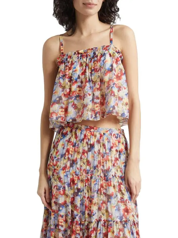 Cinq À Sept Wildflower Ruffle Trim Crop Babydoll Tank Top - Gardenia Multi