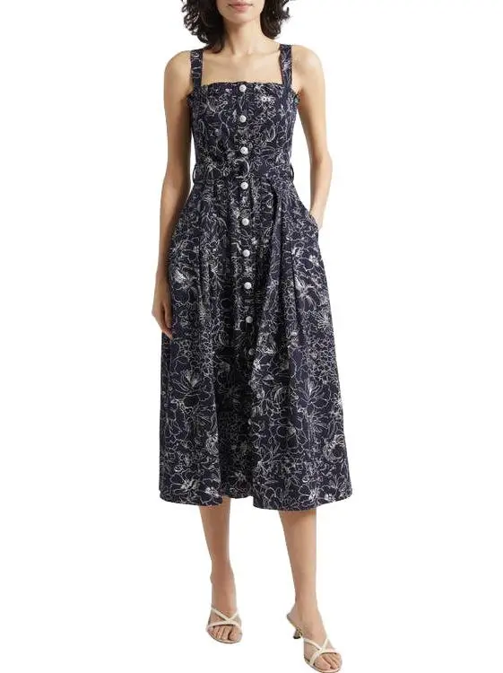 Cinq À Sept Branwen Garden Doodle Denim Midi Dress - Navy/white