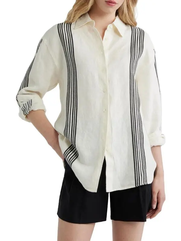 Madewell Vertical Stripe Linen Blend Button-up Shirt - Bold Placement Stripe Black