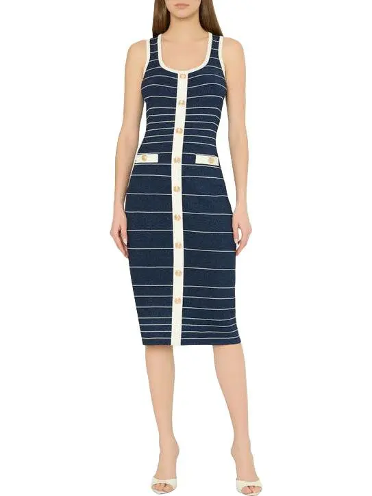 MILLY Metallic Stripe Sleeveless Dress - Navy/white