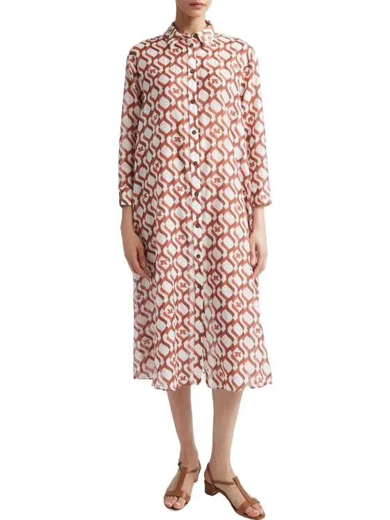 Max Mara Monogram Print Long Sleeve Cotton & Silk Voile Shirtdress - White