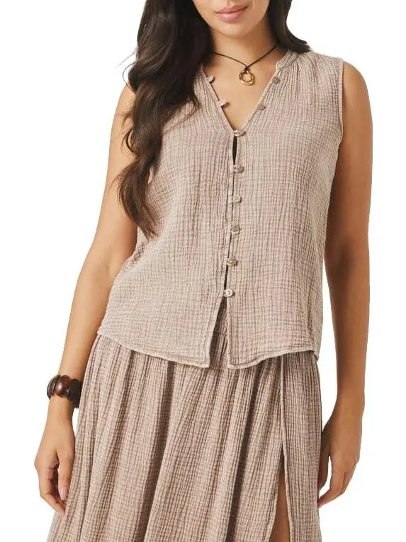 Splendid Ava Cotton Gauze Button-up Tank - Light Wicker Beige