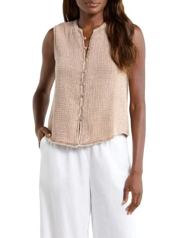 Splendid Ava Cotton Gauze Button-up Tank - Light Wicker Beige