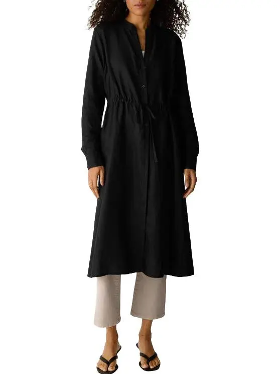 Eileen Fisher Mandarin Collar Long Sleeve Linen Shirtdress - Black